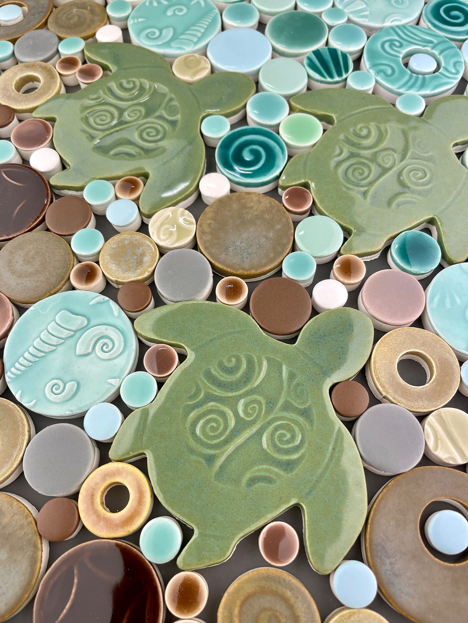 Baby Sea Turtles Mosaic, Green, Handmade Ceramic Tile Mosaic, Ready to ...