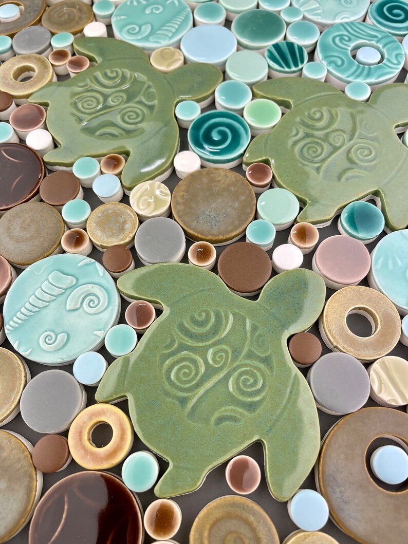 Baby Sea Turtles Mosaic, Green, Handmade Ceramic Tile Mosaic, Ready to ...