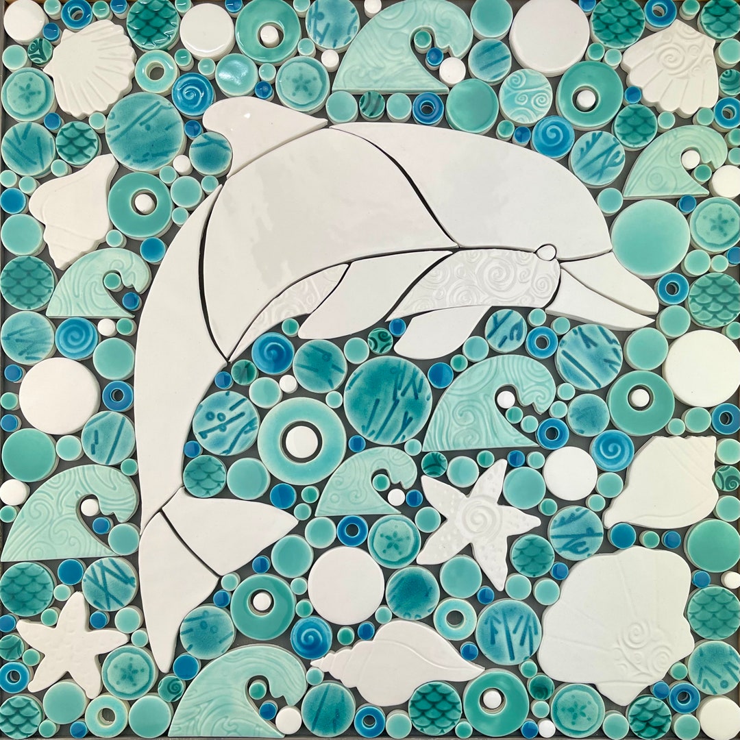 Dolphin Mosaic, Aqua Mix, Handmade Ceramic Tile Mosaic, Ready to ...