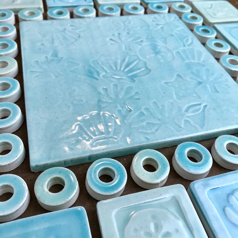 Sea Shells (aqua), Handmade Ceramic Tile Mosaic, Ready to Install 12 ...