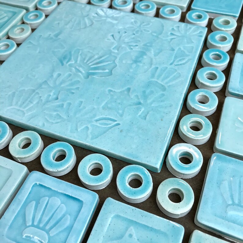 Sea Shells (aqua), Handmade Ceramic Tile Mosaic, Ready to Install 12 ...