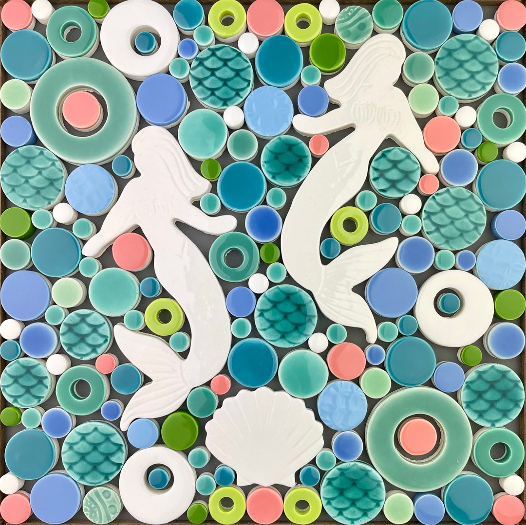 Mermaids Mosaic - Handmade Ceramic Tile Mosaic, Ready to Install 12”x12 ...