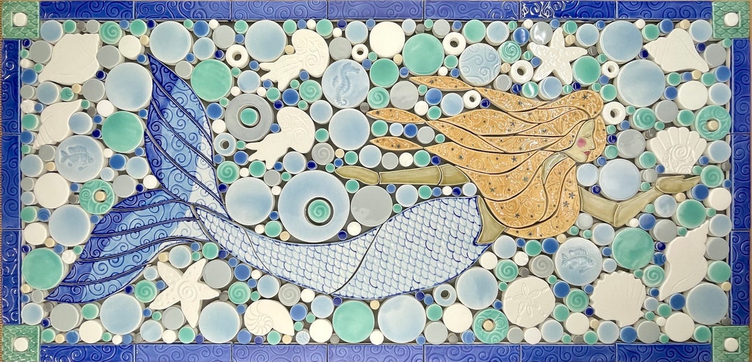 Mermaid Mosaic, Large Blue & Blonde, Handmade Ceramic Tile Mosaic ...