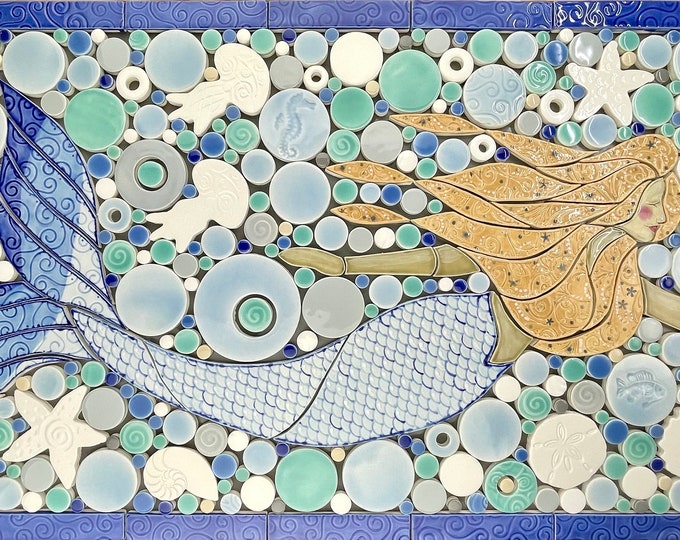 Mermaid Mosaic, Large - Blue & Blonde, Handmade Ceramic Tile Mosaic ...