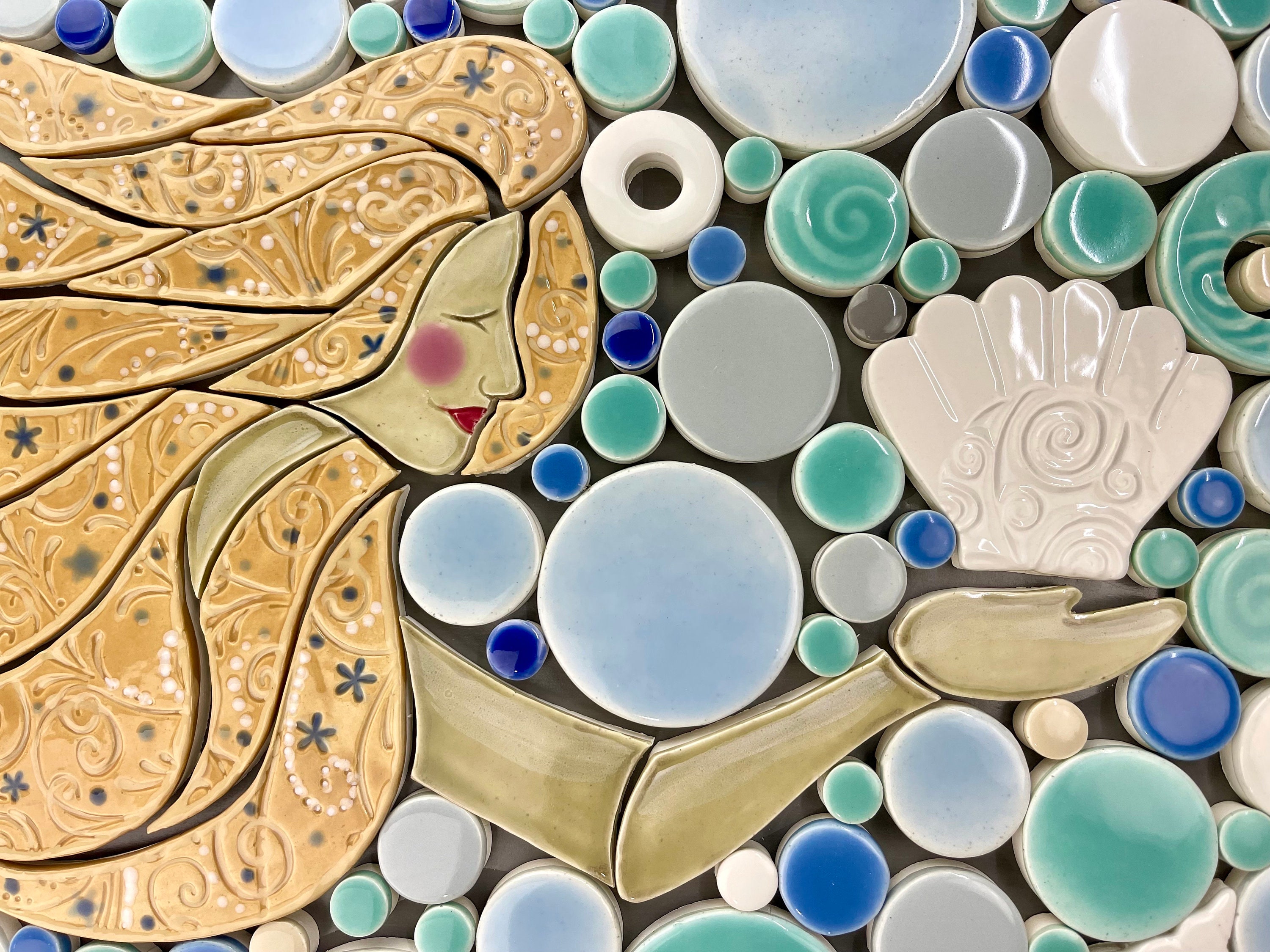 Mermaid Mosaic, Large Blue & Blonde, Handmade Ceramic Tile Mosaic ...
