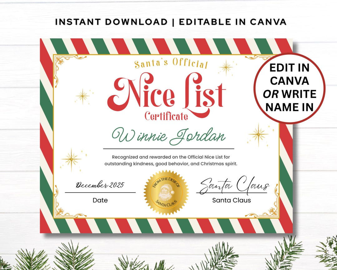 Editable Santa Nice List Certificate, Printable Nice List Certificate ...
