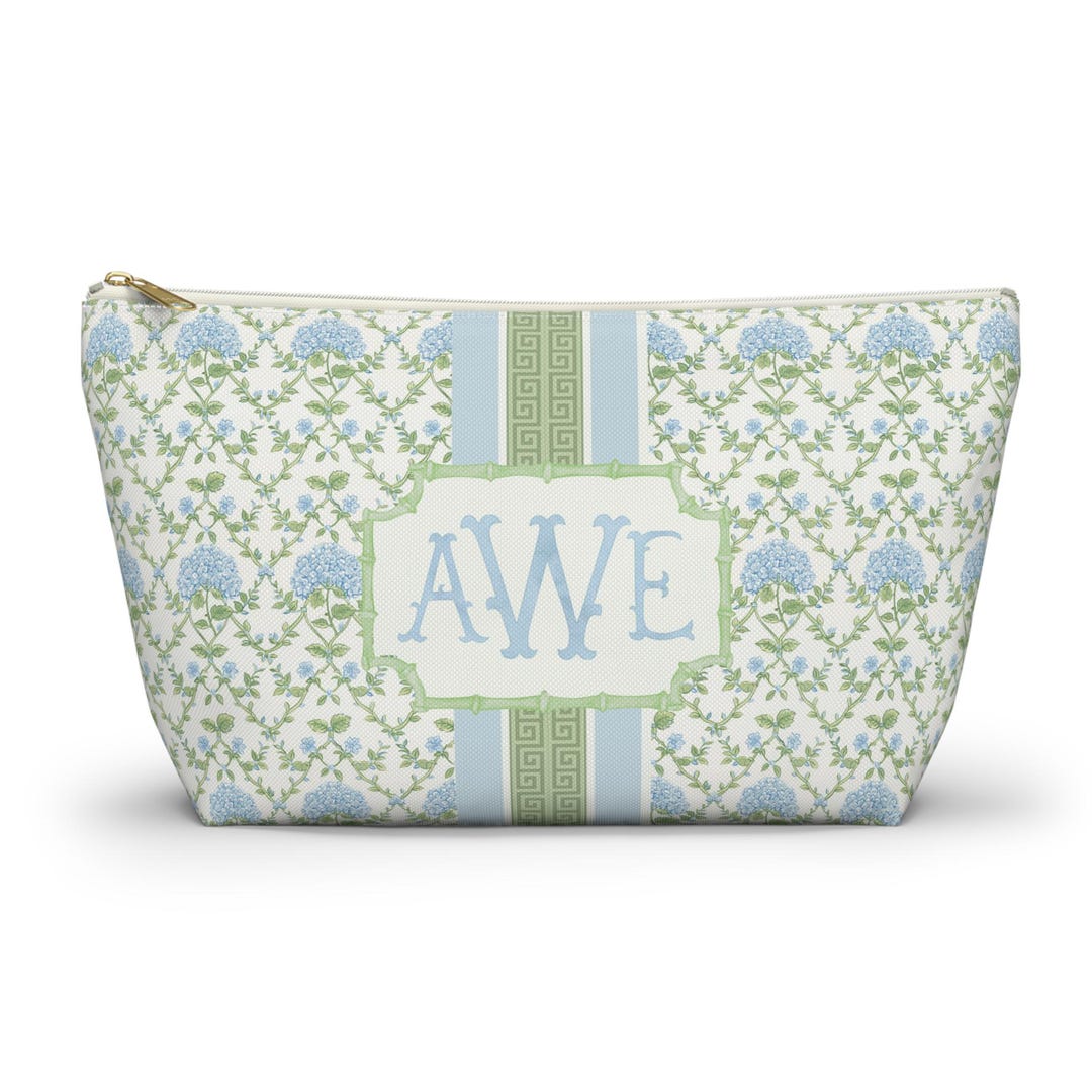 Monogrammed Blue Hydrangea Mahjong Tile Bag: Chinoiserie Travel Pouch ...
