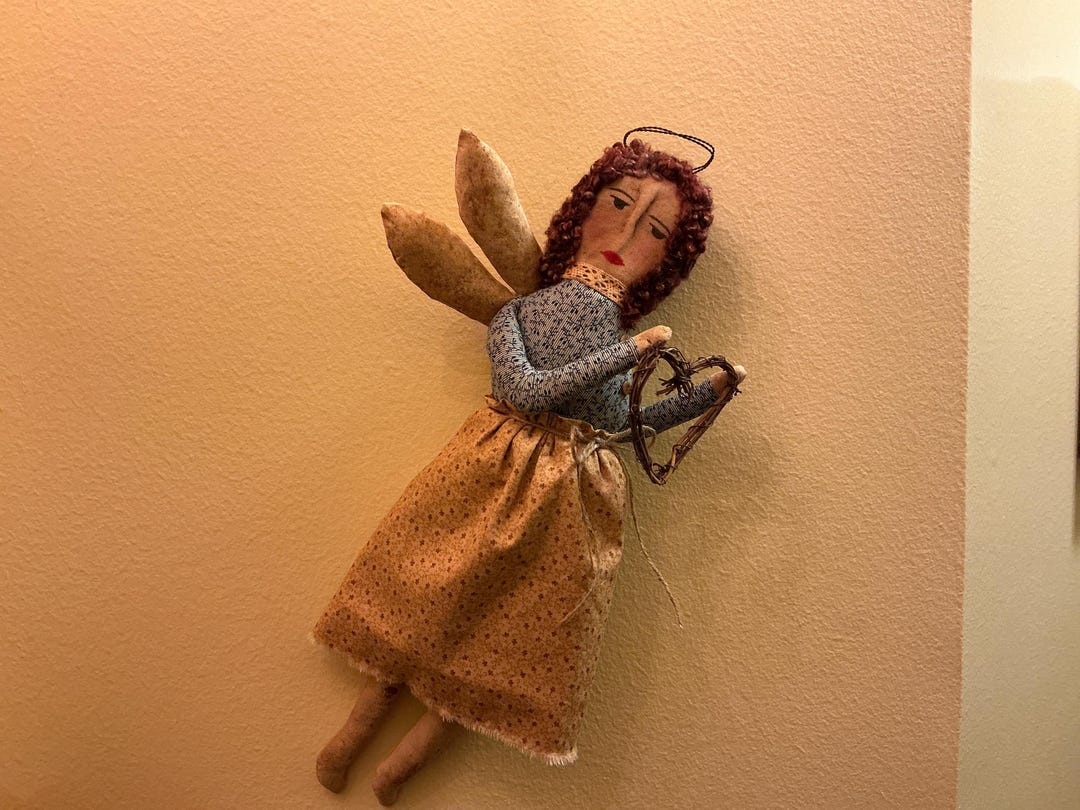 Primitive Angel With Rusty Braided Wire Halo, Holding a Grapevine Heart ...