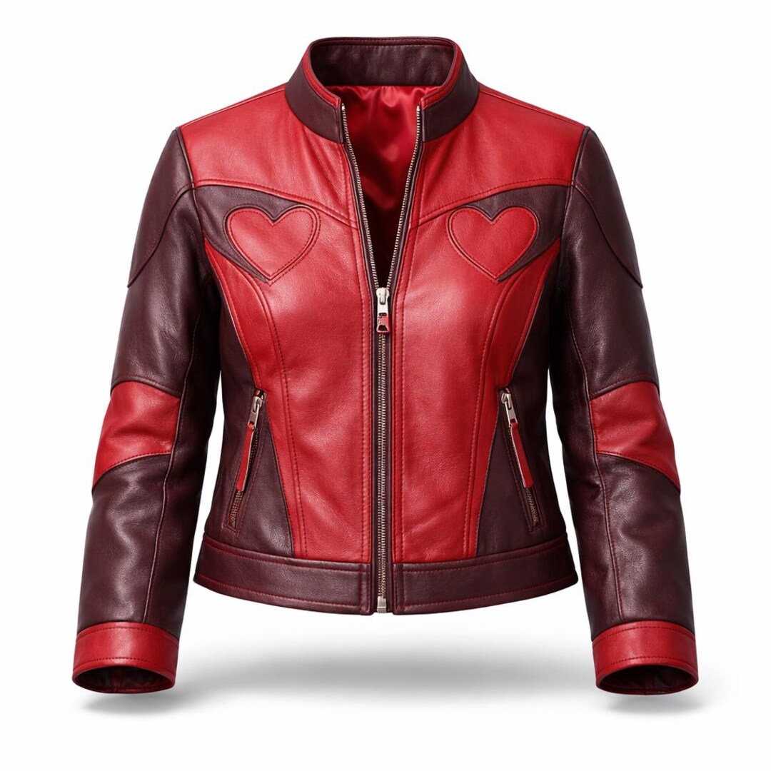 Women’s Valentine’s Day Red Leather Jacket With Heart Details ...