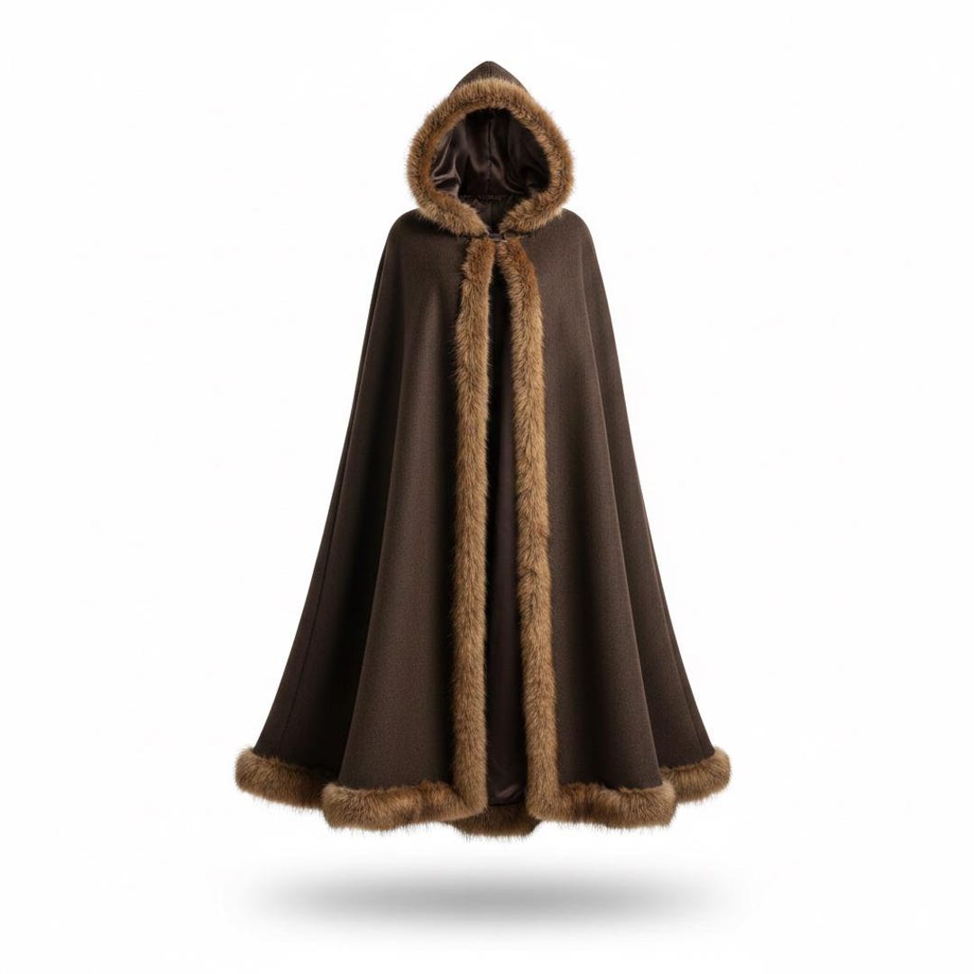 Brown Wool Hooded Cloak With Faux Fur Trim | Long Winter Cape ...