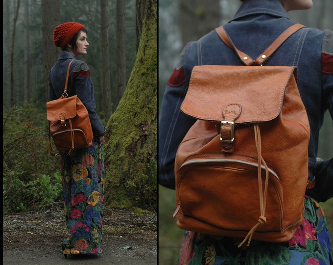 70s LEATHER BACKPACK Big Roomy London Tan BOHO Drawstring - Etsy
