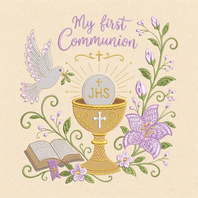 First Communion Embroidery Design, Christian Faith Floral Religious ...