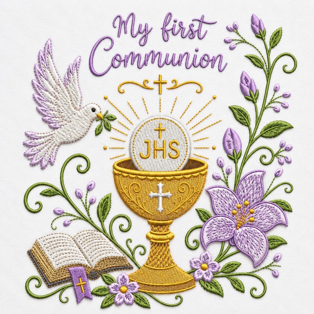 First Communion Embroidery Design, Christian Faith Floral Religious ...
