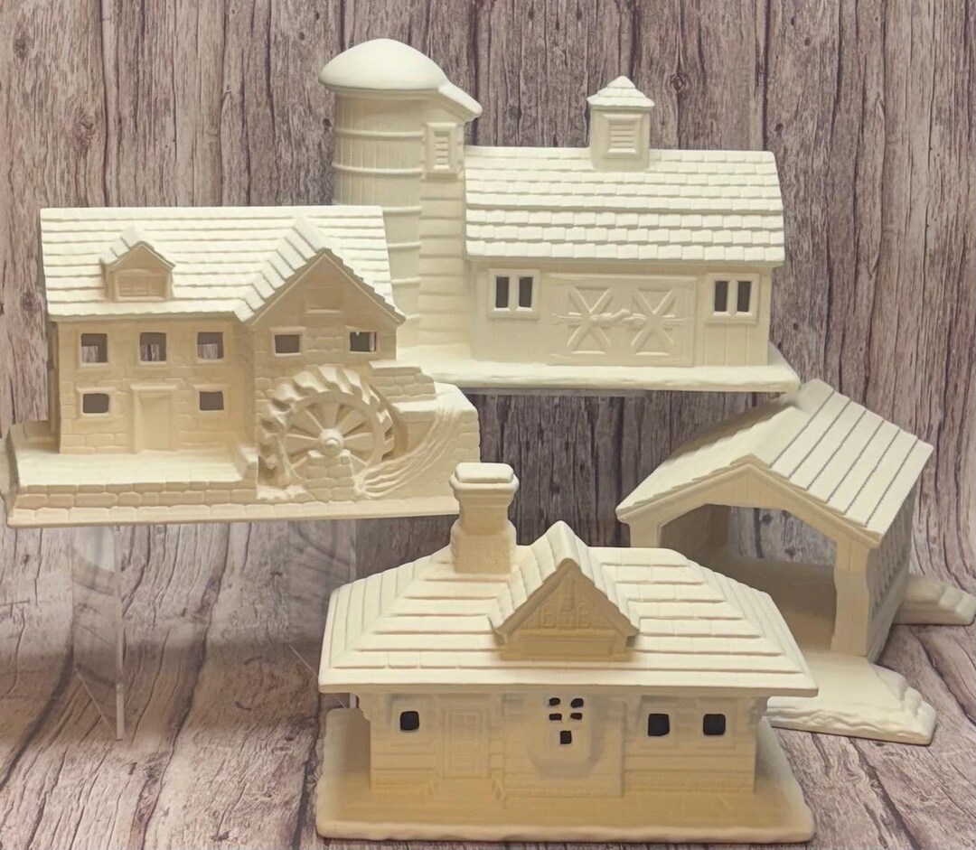 Bisque Byron Ceramic Christmas Village Pieces Lot of 4 Includes Mill ...