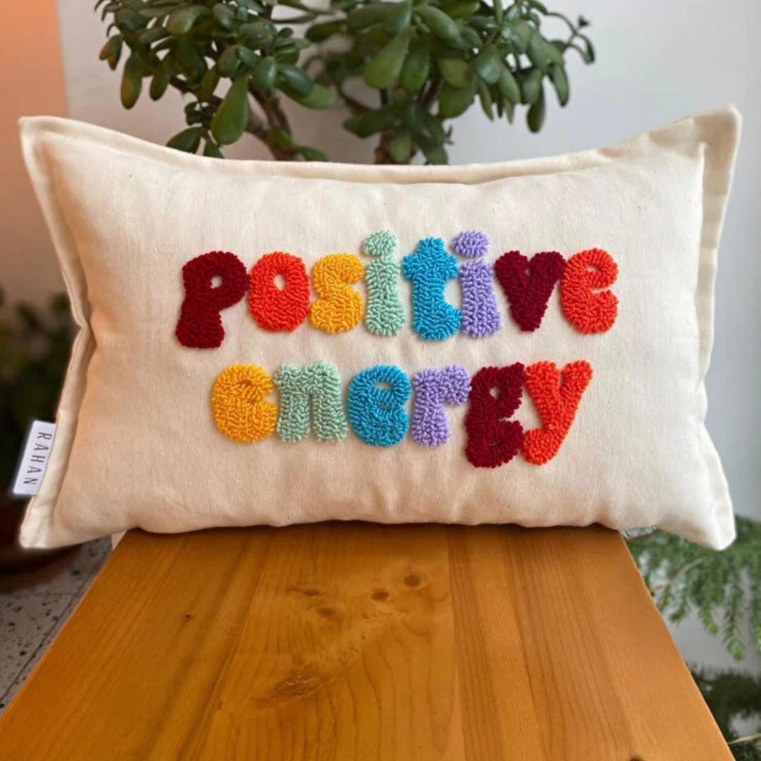 Positive Energy Punch Needle Pillow Cover, Handmade Textured Cushion ...