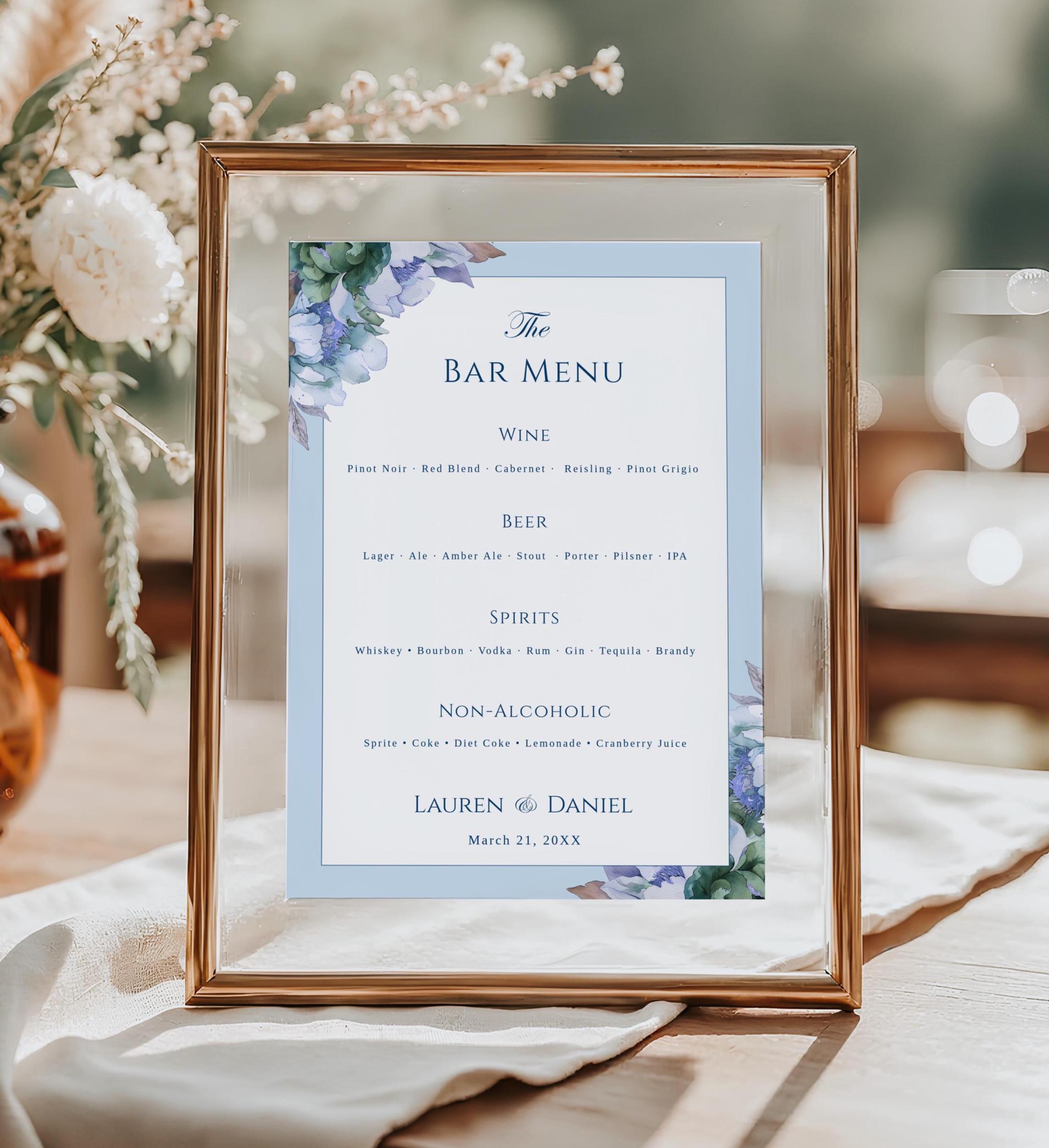 Dusty Blue Floral Wedding Bar Menu Sign, Customizable Reception Signage ...