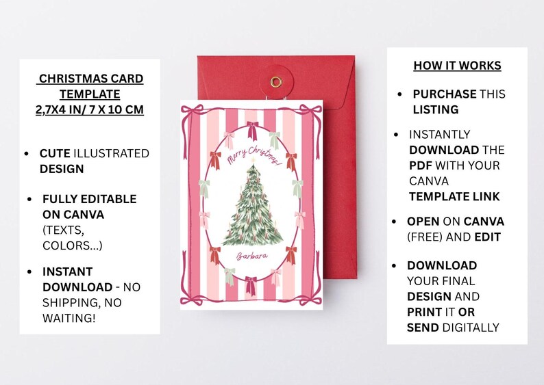 Editable Christmas Card Template | Printable Xmas Greeting | Cute Bow ...