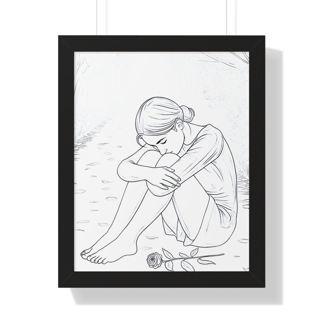 Sad Woman Line Art Print: Minimalist Red Rose Drawing (digital Download ...