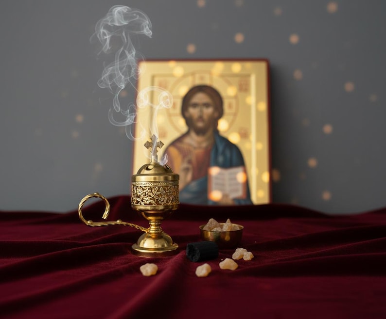 Orthodox Prayer Set: 5.1 Inch Gold Metal Censer, 60 Grams of Incense, 9 ...
