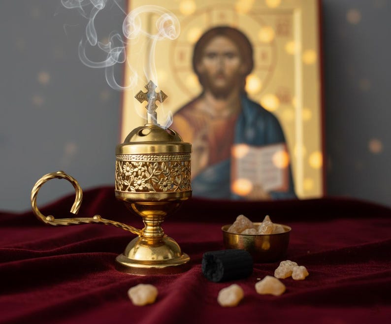 Orthodox Prayer Set: 5.1 Inch Gold Metal Censer, 60 Grams of Incense, 9 ...