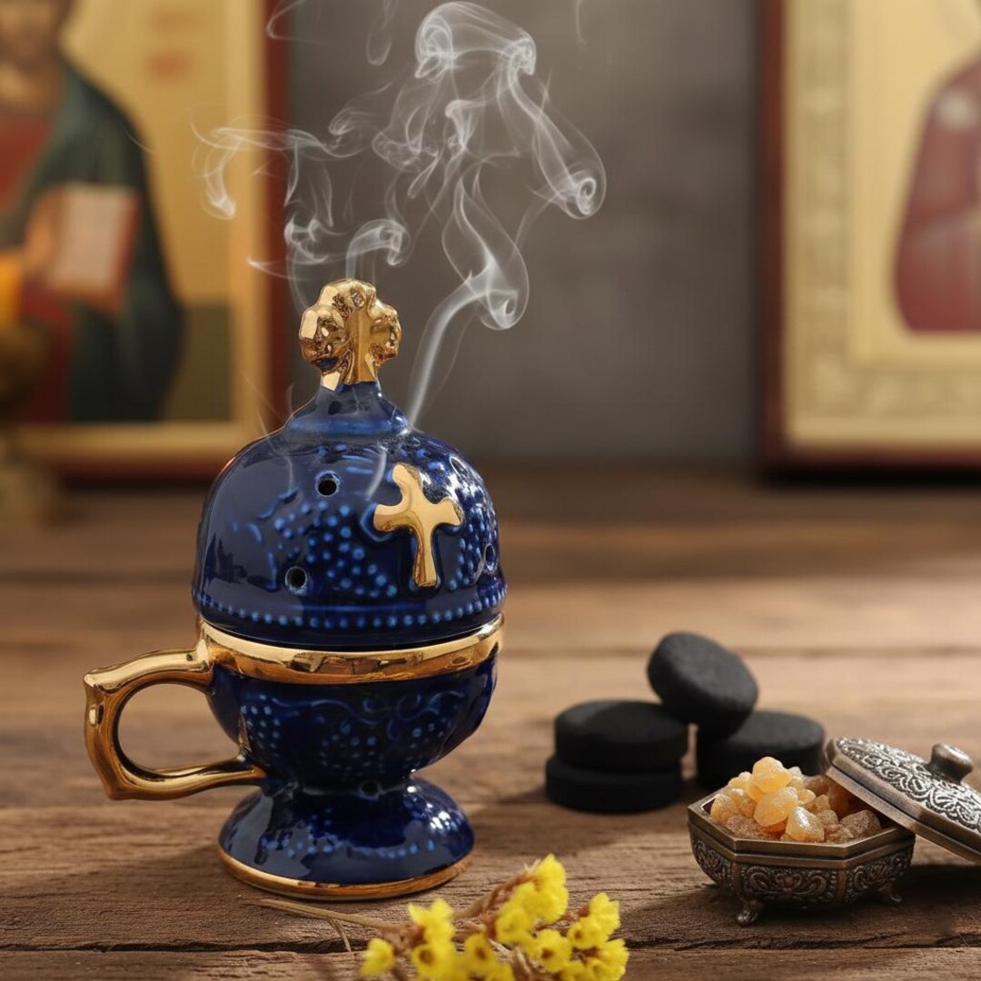 Ceramic Censer Set 6.3 in 300 G, Blue Orthodox Incense Burner, Greek ...