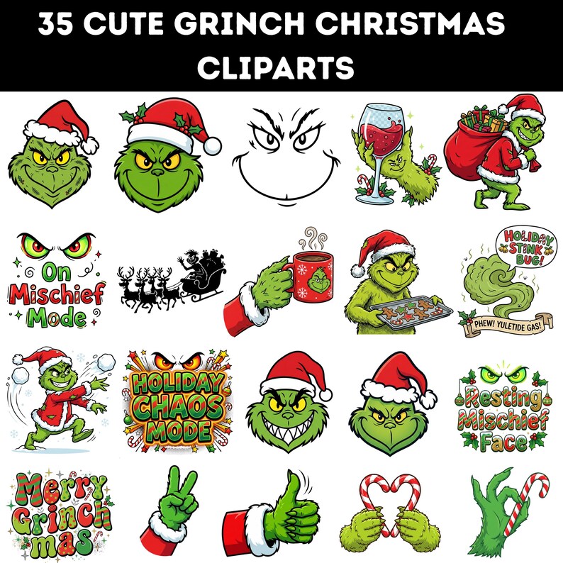 35 Mischief Christmas Cliparts Bundle – Funny Green Holiday Cartoon ...