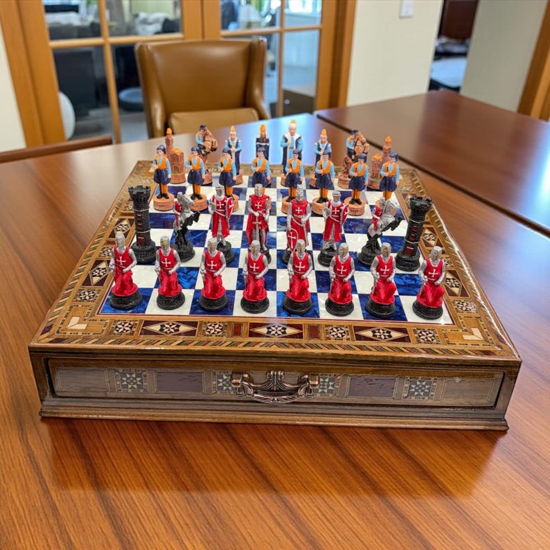 Handmade Walnut Chess Set: Mother-of-pearl Inlay, Ottoman-crusader ...