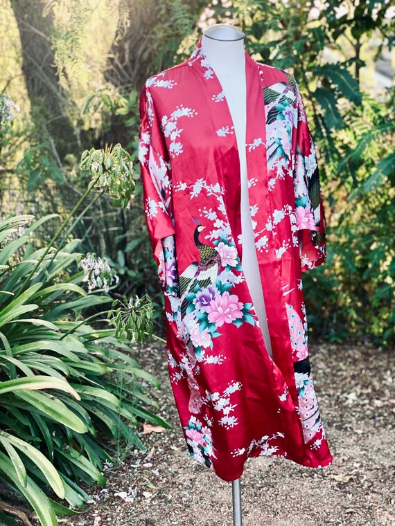1990’s Red Floral Silky Kimono Robe - Gem