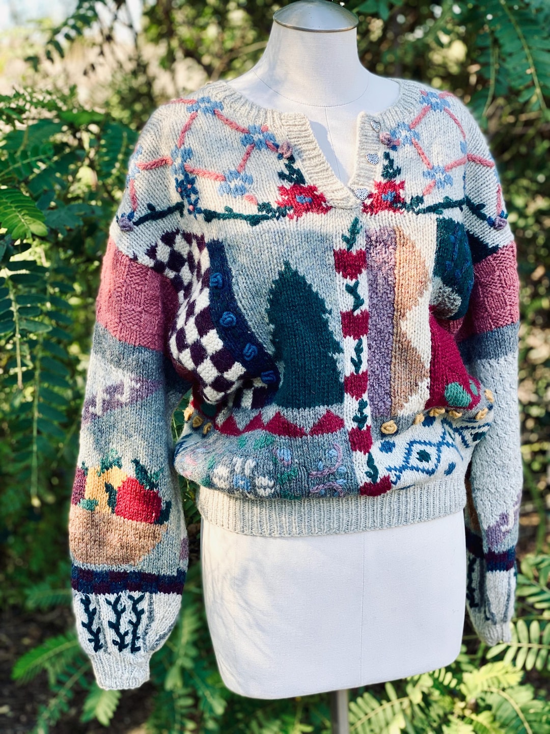 1980’s Eagle Eye Hand Knit Folk Art Cottage Core Wool Sweater - Etsy