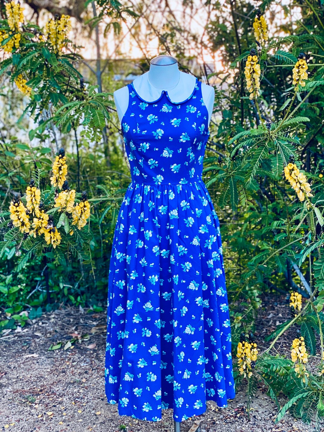 Laura Ashley Vintage Blue Floral Sundress With Collar - Etsy