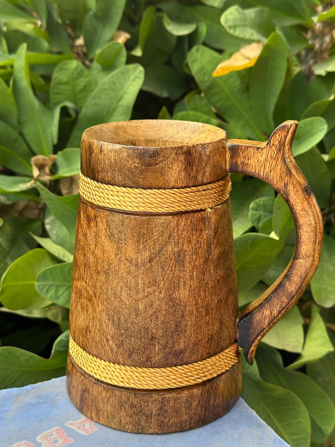 Handcrafted Wooden Beer Mug 500ml | Rustic Ale Tankard With Golden Rope ...