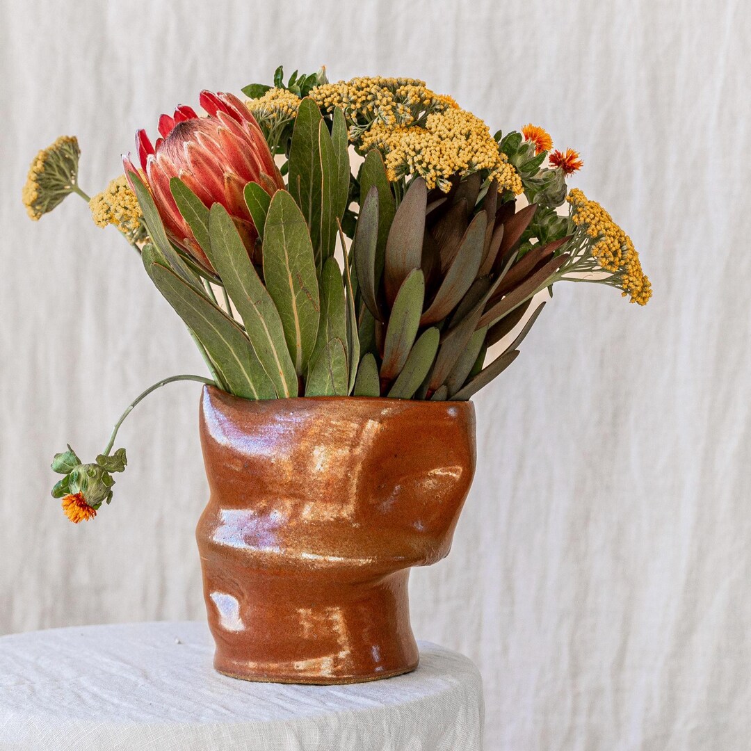 Handmade Crumpled Stoneware Vase – Warm Rust Glaze, Wabi-sabi Japandi ...