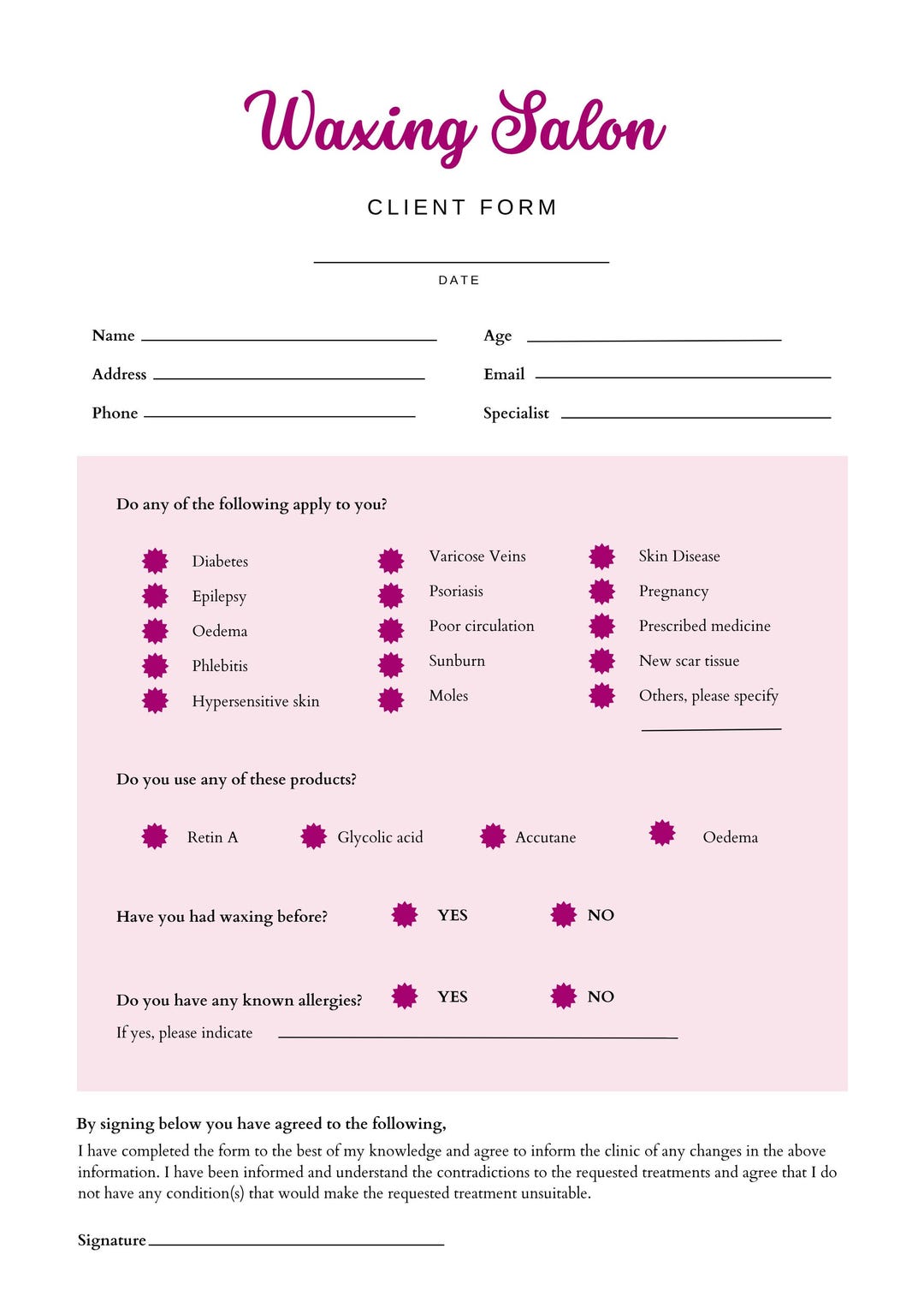 Waxing Intake Form | Waxing Template | Spa Forms | A4 and US Letter PDF ...