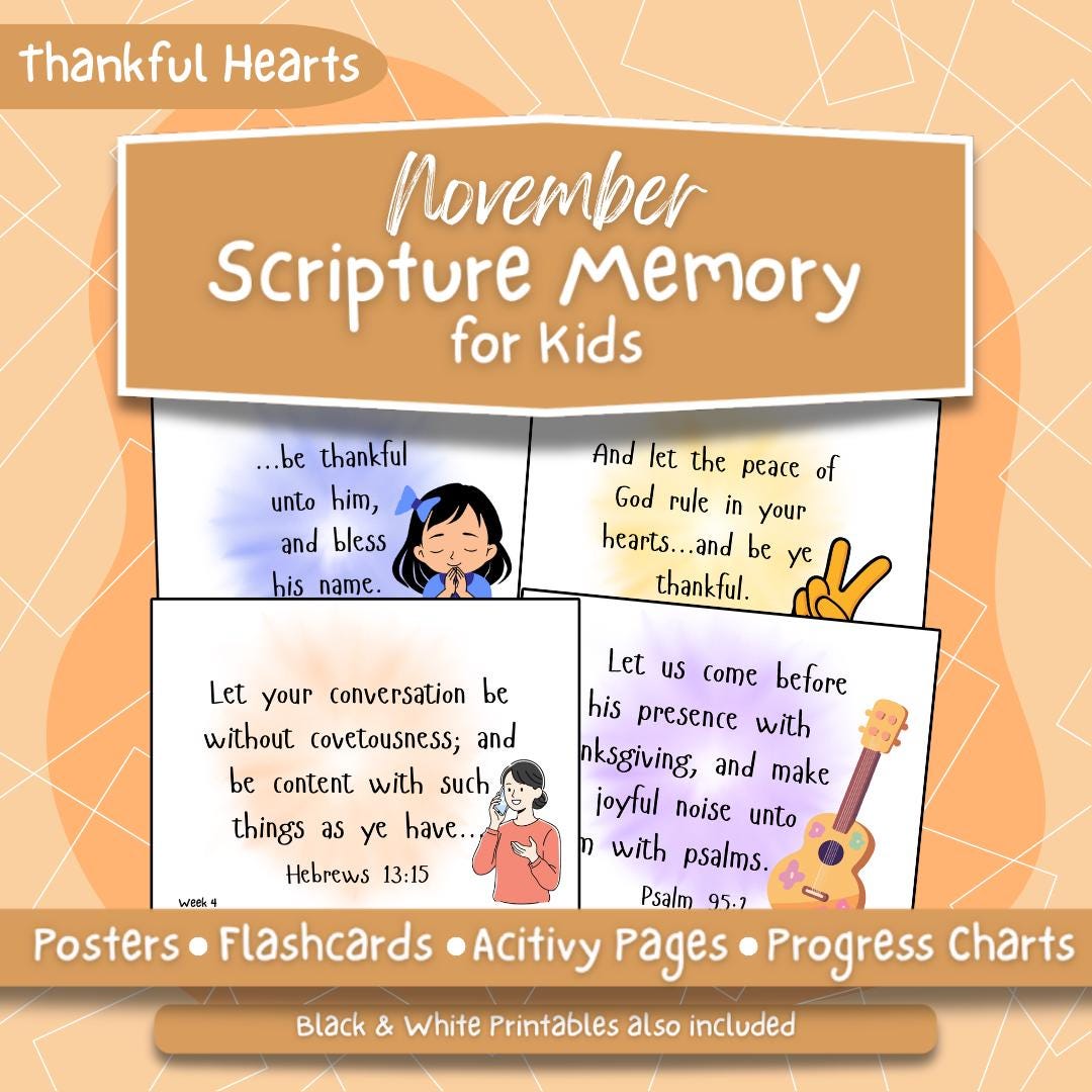 November Scripture Memory Printables – Thankful Hearts, KJV (ages 6-9 ...