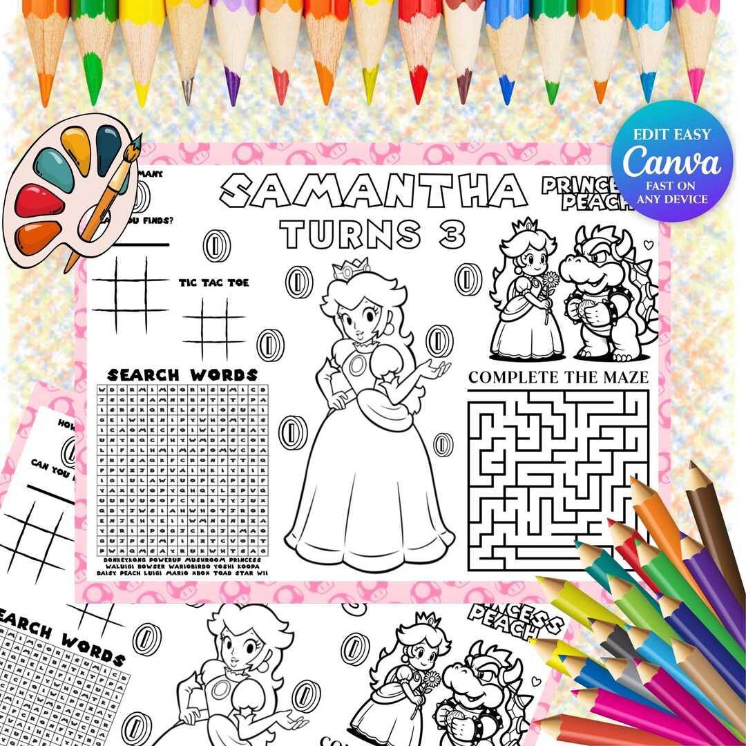 Peach Princess Coloring Placemat Sheet Super Mario Kids Activity Anime ...