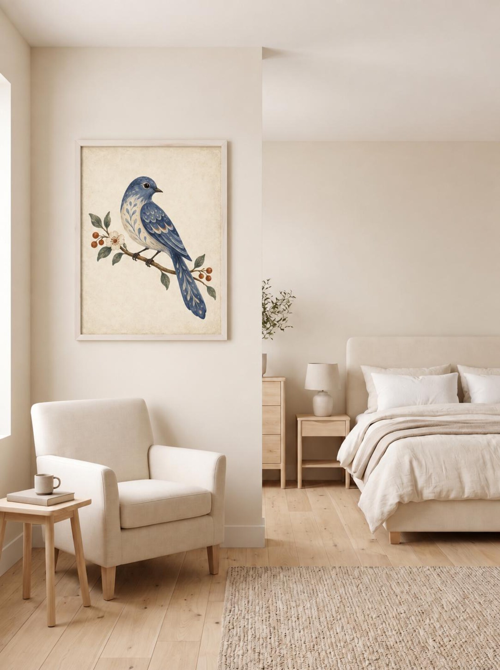 Blue Folk Bird Wall Art, Vintage Bird Print, Cottage Animal Printable ...