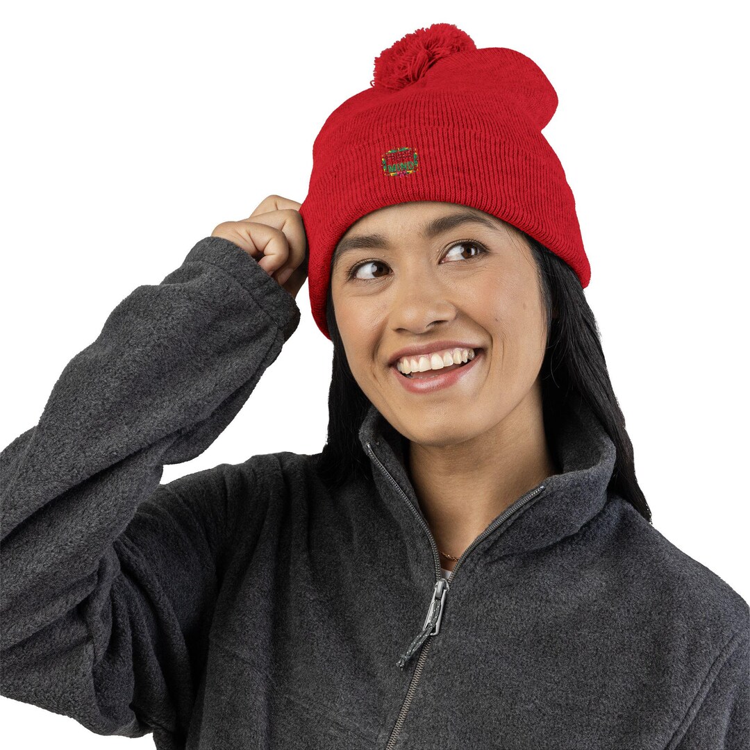 Cozy Pom-pom Knit Cap for Winter, Embroidered Beanie for Holidays ...
