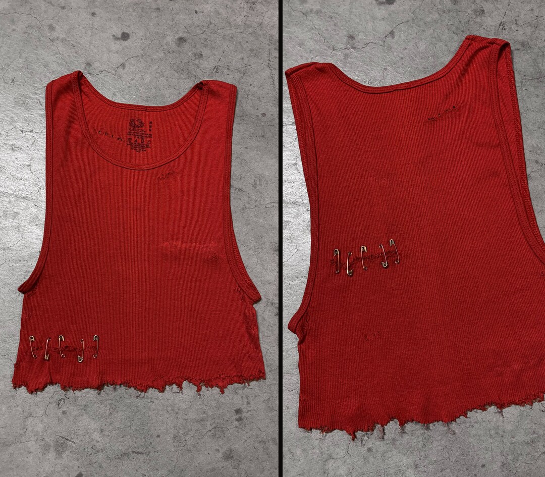 PUNK Rock Lies Ribbed Red Cut off Distressed Safety Pin Crop Tank Top ...