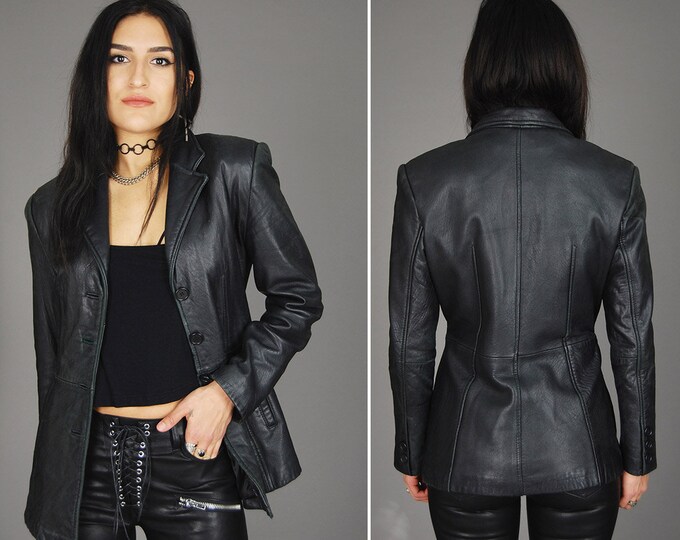 Black MS. MAXIMA Leather Blazer Jacket Vtg 90s Distressed Worn in Biker ...