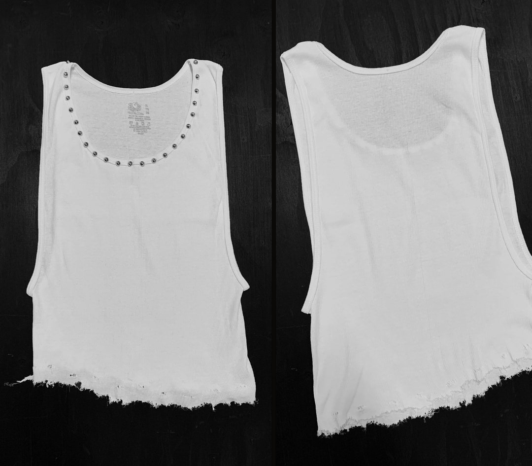 Punk Rock Lies White Ribbed STUDDED Distressed CUT off Tank Top Ripped ...
