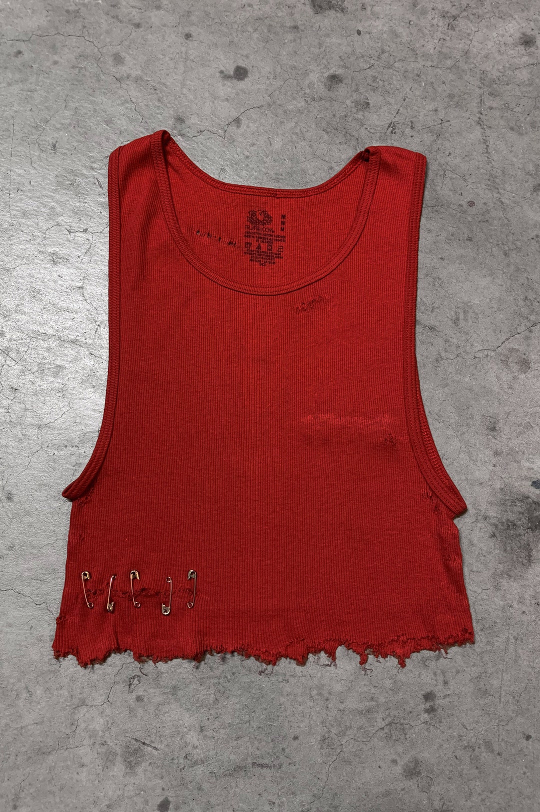 PUNK Rock Lies Ribbed Red Cut off Distressed Safety Pin Crop Tank Top ...