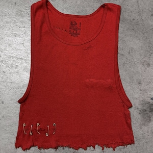 PUNK Rock Lies Ribbed Red Cut off Distressed Safety Pin Crop Tank Top ...