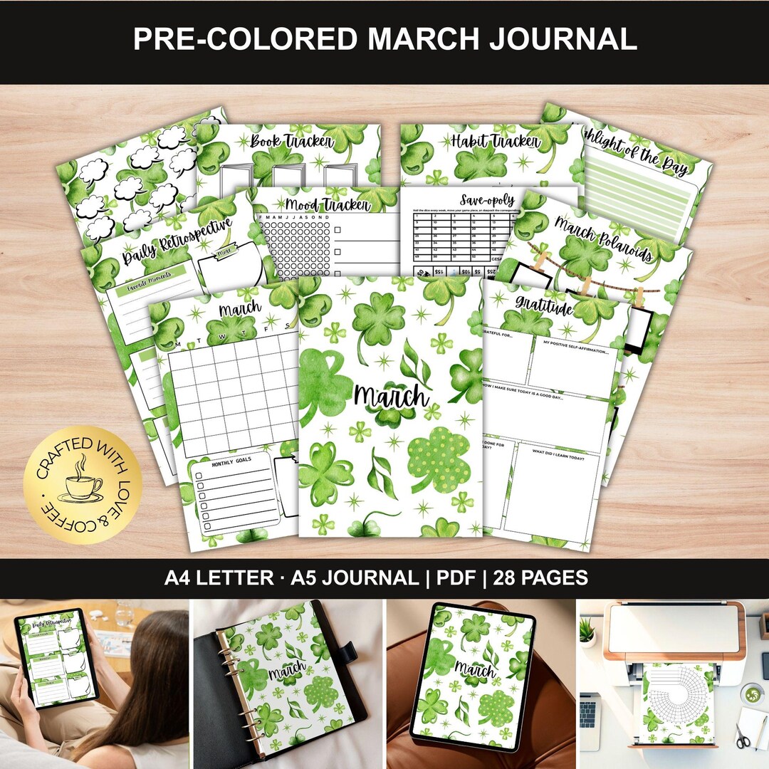 March Journal Bundle - Spring - PRINTABLE Journal Pages - Pre Colored ...