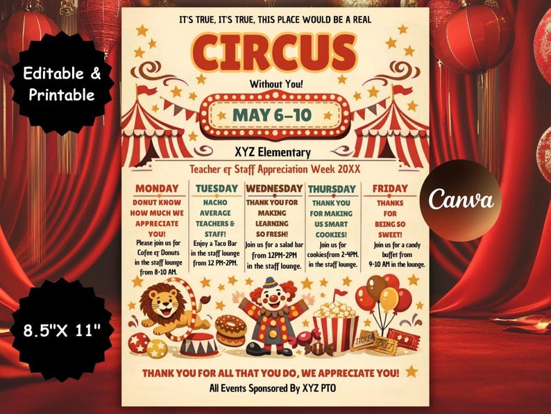Editable Circus Teacher Appreciation Week Itinerary Flyer Printable ...