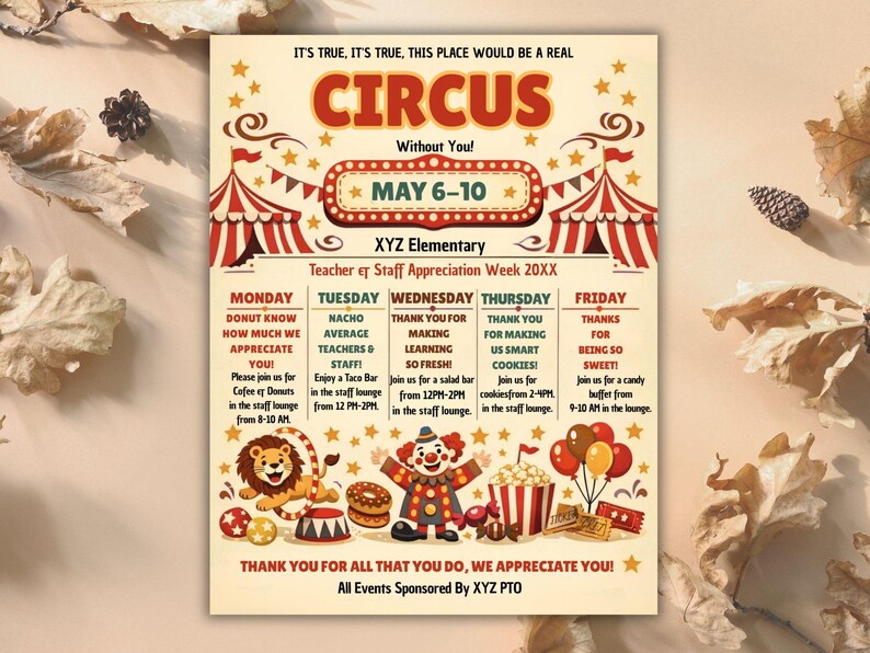 Editable Circus Teacher Appreciation Week Itinerary Flyer Printable ...