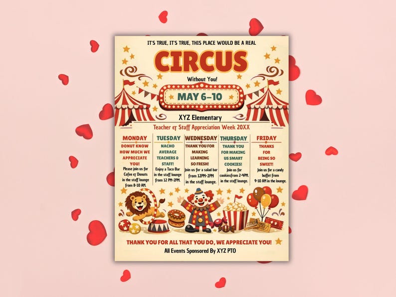 Editable Circus Teacher Appreciation Week Itinerary Flyer Printable ...