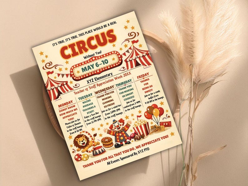 Editable Circus Teacher Appreciation Week Itinerary Flyer Printable ...
