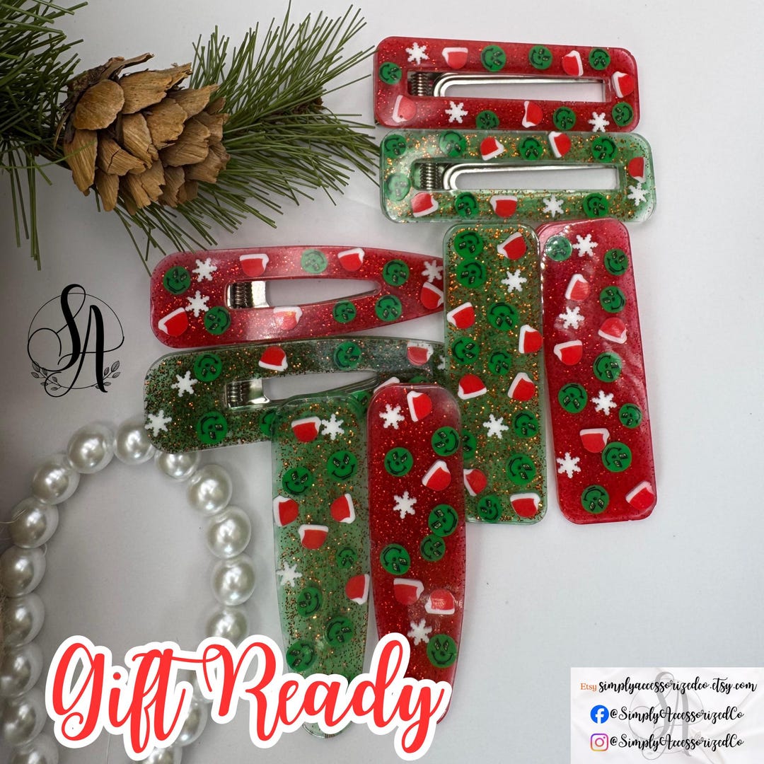 Grinch Inspired Christmas Hair Clips – Handmade Glitter Resin Barrettes ...