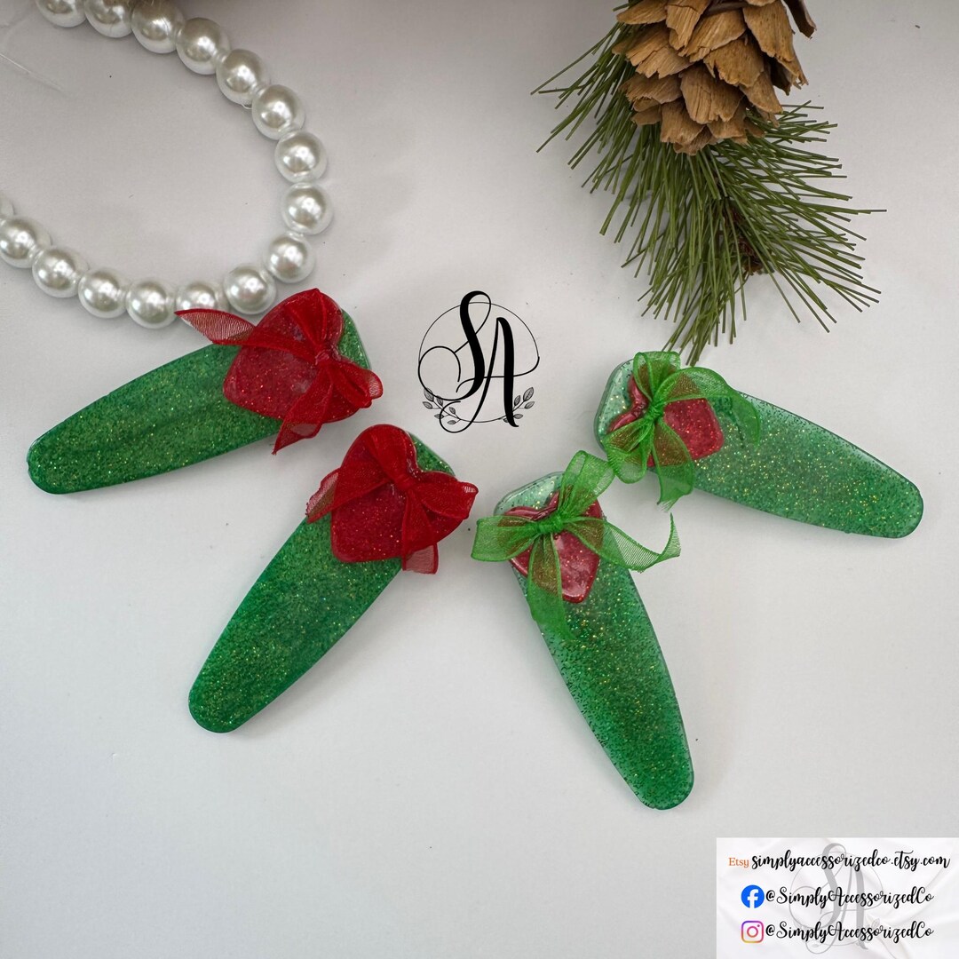 Grinch Inspired Christmas Hair Clip Set – Handmade Glitter Resin ...