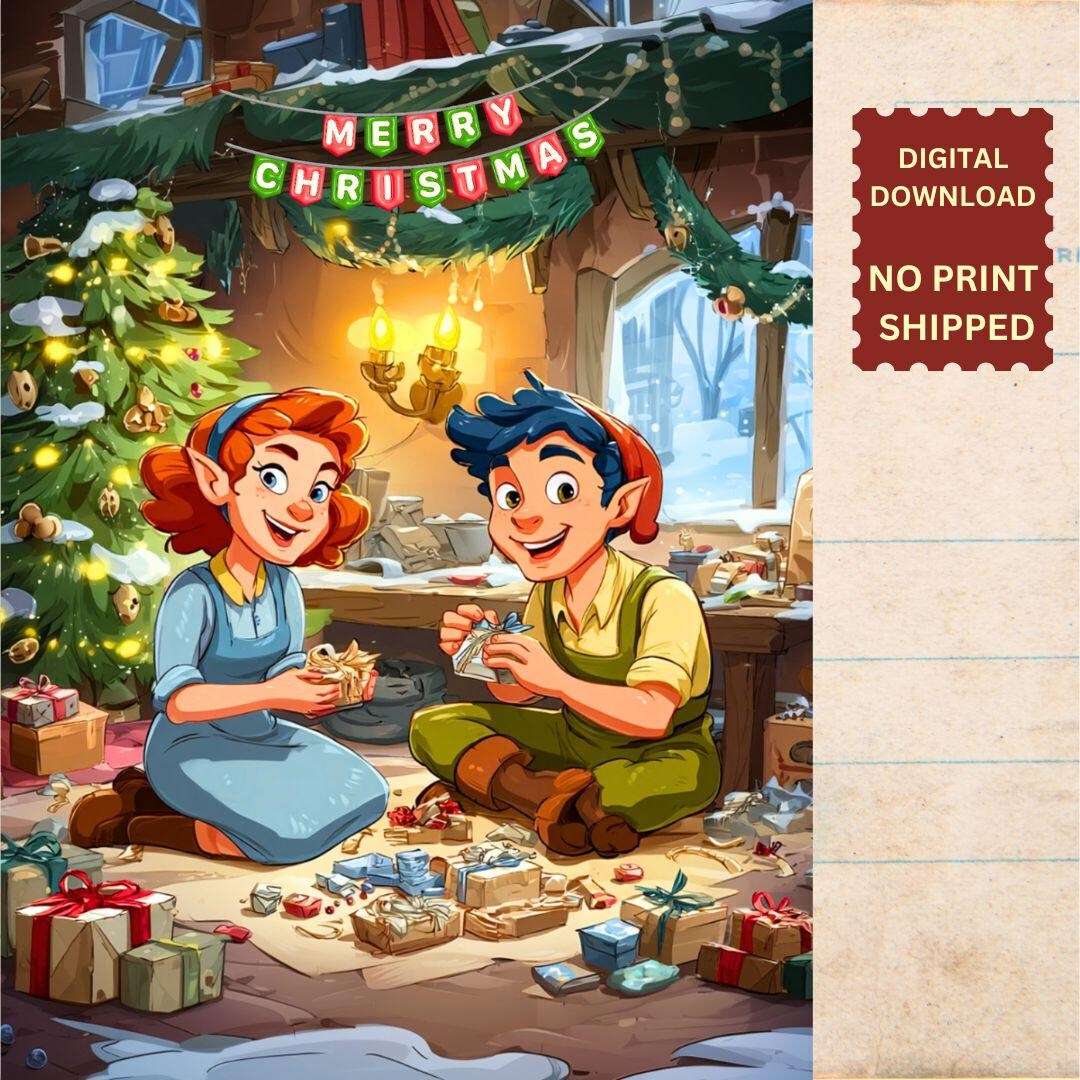 Christmas Card • Elves Sharing Gifts • Elves in Santa's Workshop -self ...